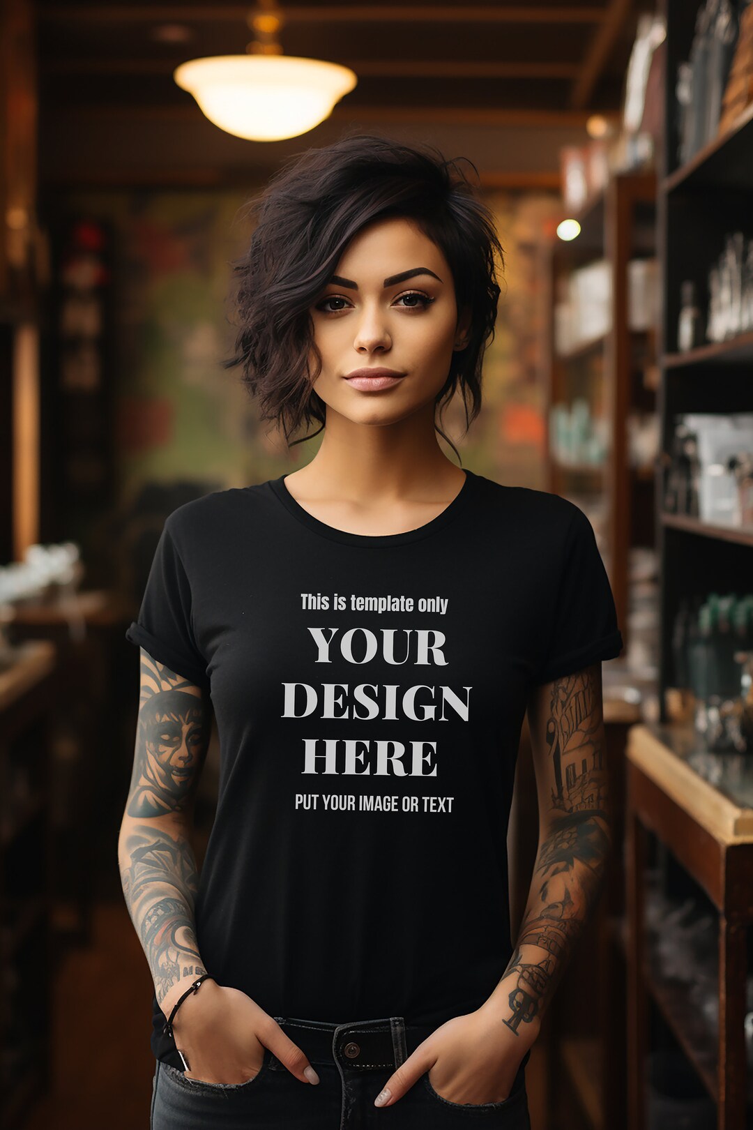 T-shirt Mockup With Tattooed Punk Female Model at Music Venue Bar ...