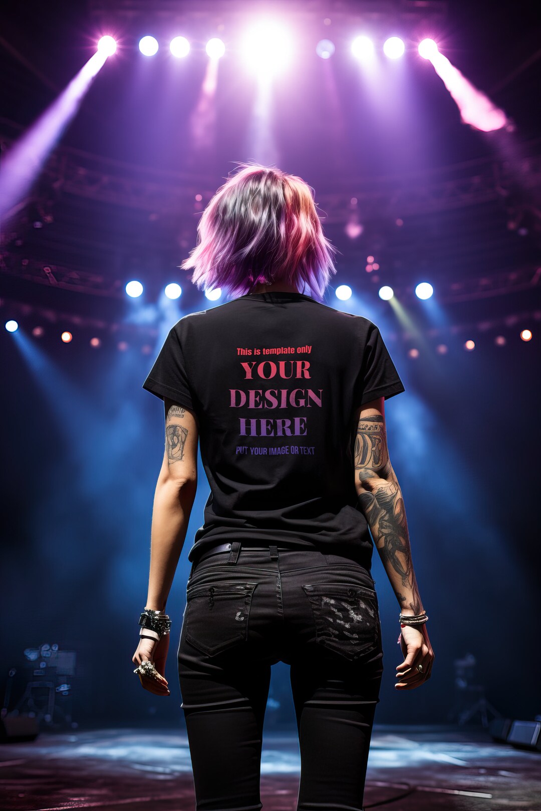 Backside T-shirt Mockup With Tattooed Punk Female Model at the Rock ...