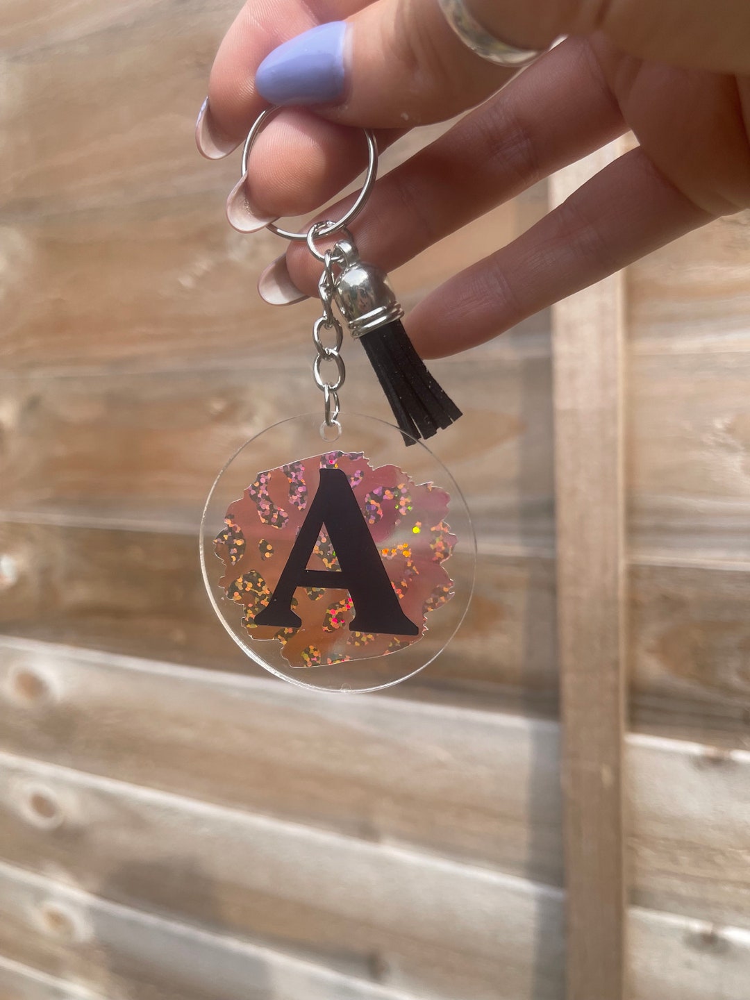 Initial Keyring With Coloured Tassel - Holographic Cheetah Print ...