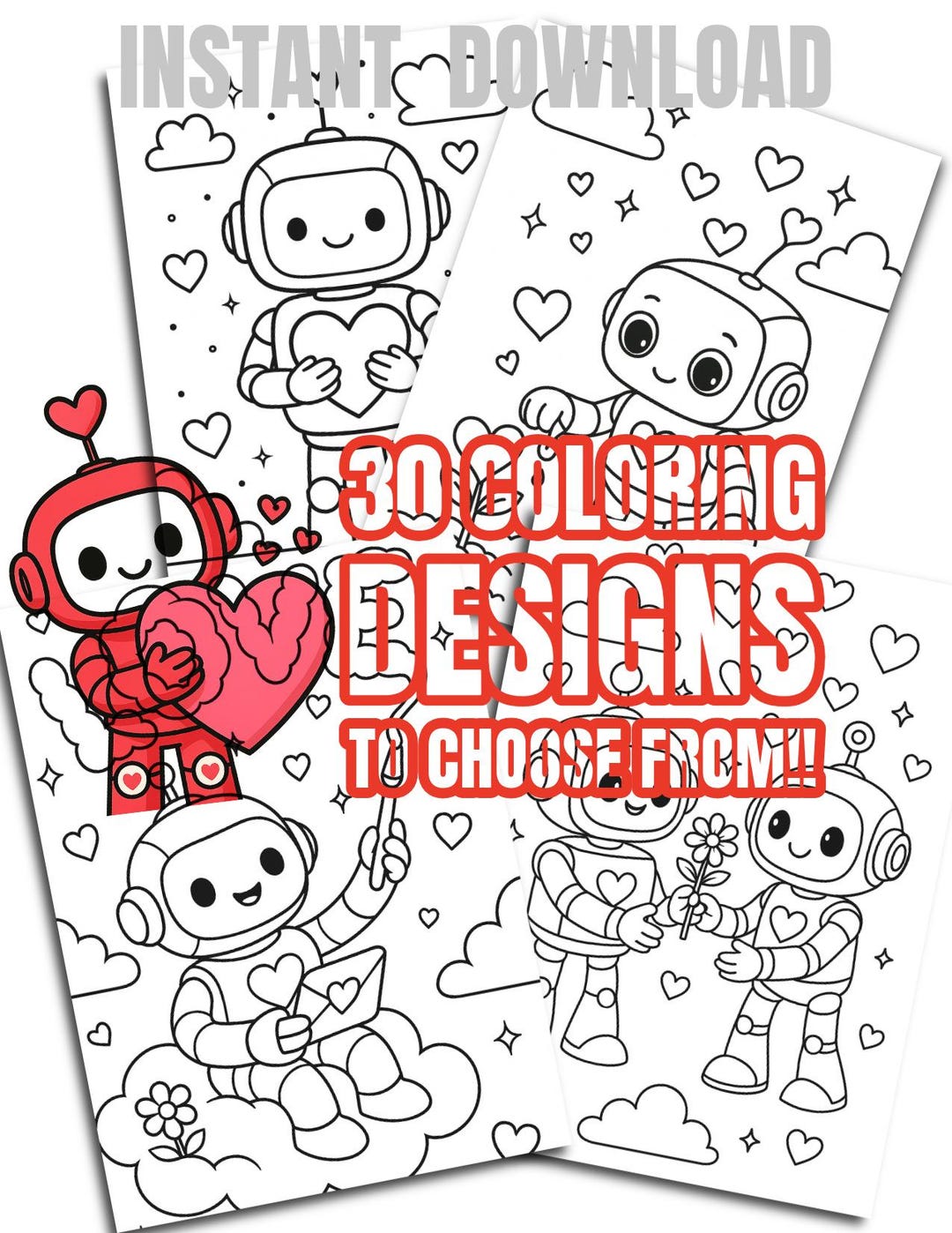 Valentine Robot Coloring Book • Cute AI Robot Coloring Pages • Heart ...