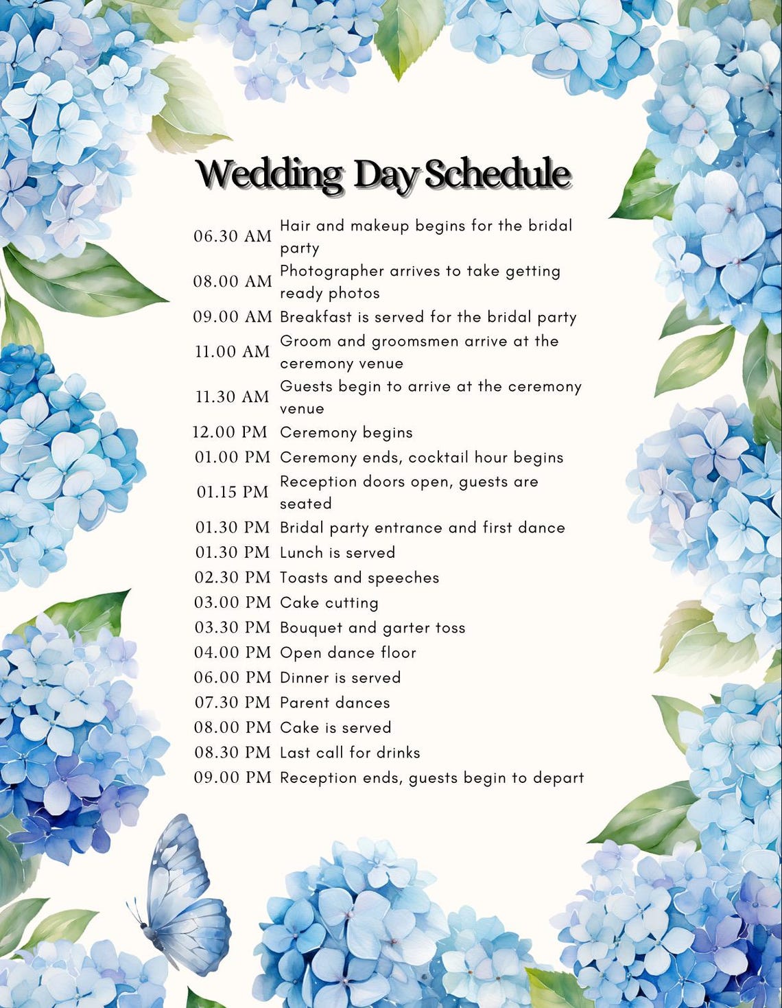 Elegant Wedding Day Schedule Card Template | Editable Timeline ...