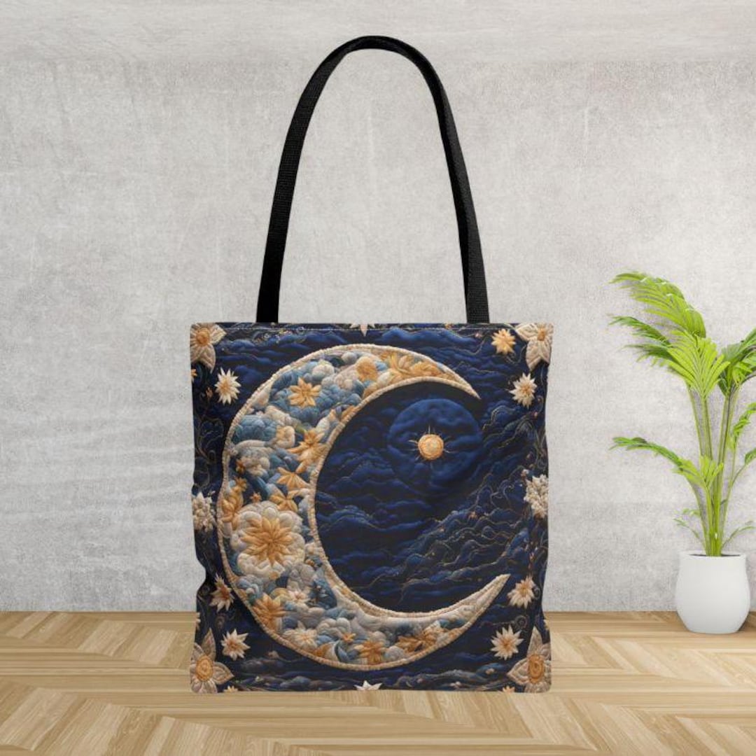 Moon Stars Tote Bag, Floral Moon Tote, Moon Phases Tote, Quilted Flower ...