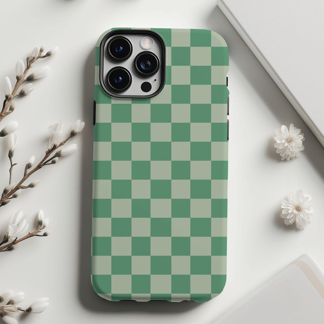 Sage Green Checkered Phone Case, Checkerboard iPhone Case, Retro 70s ...