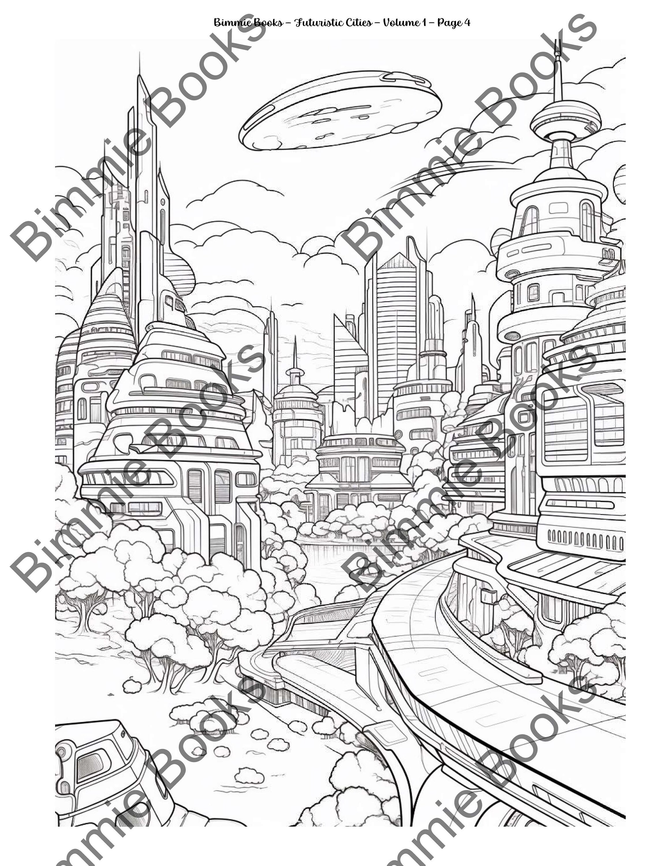 100 Digital Coloring Pages: Futuristic Cities by Bimmie Books Instant ...