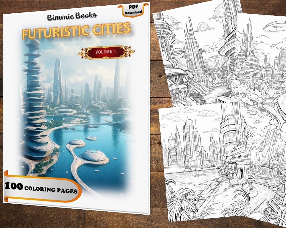 100 Digital Coloring Pages: Futuristic Cities by Bimmie Books Instant ...