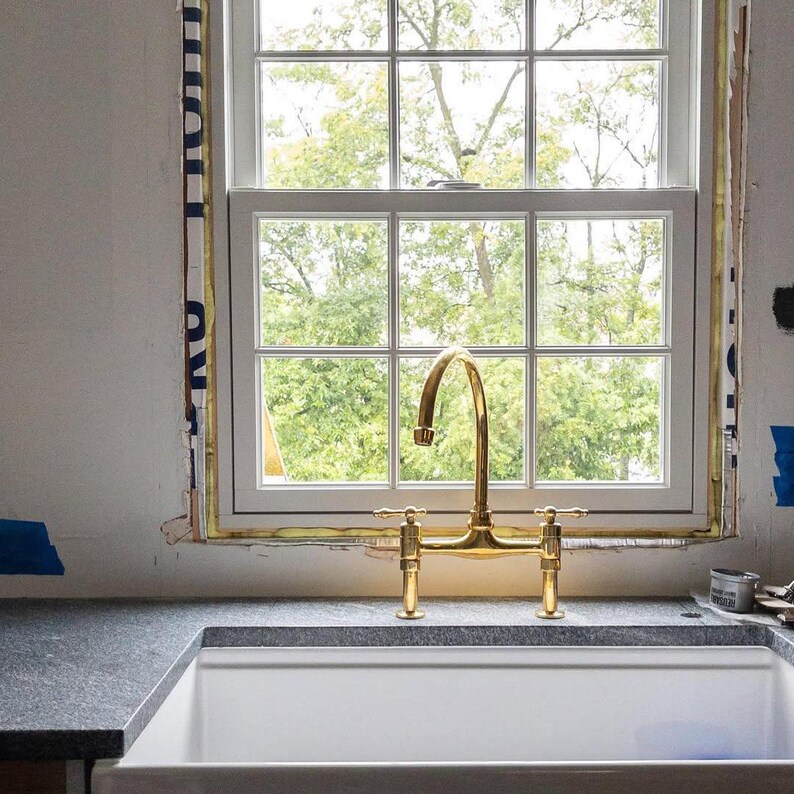 Unlacquered Brass Bridge Kitchen Faucet, Countertop Kitchen Sink Faucet ...