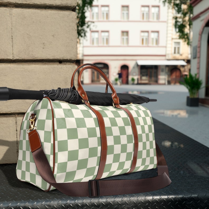 Custom Green Check Waterproof Travel Bag, Leather Duffle Bag, Weekend ...