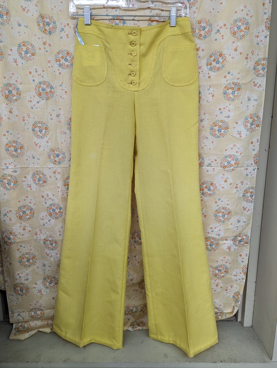 1970s Yellow Linen Bell Bottoms Button Front - Gem