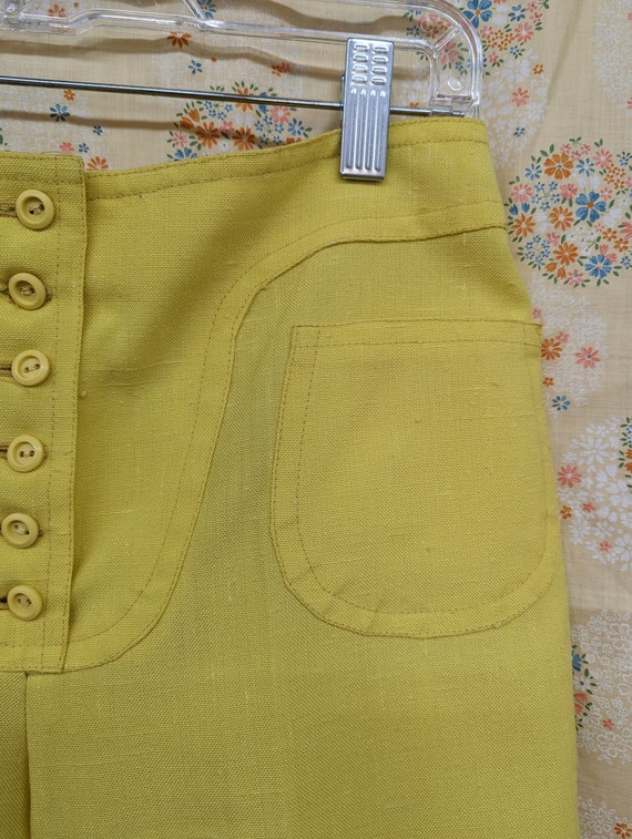 1970s Yellow Linen Bell Bottoms Button Front - Gem