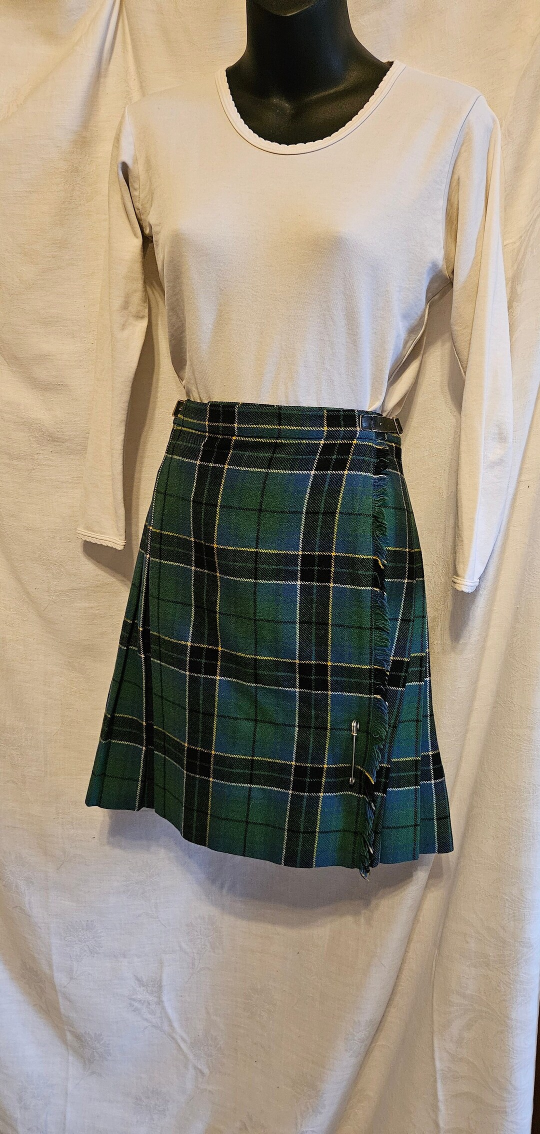 1960's Green Navy Yellow Laird Portch of Scotland Wool Kilt Style Skirt ...