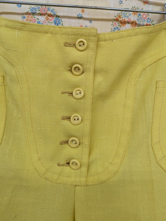 1970s Yellow Linen Bell Bottoms Button Front - Gem