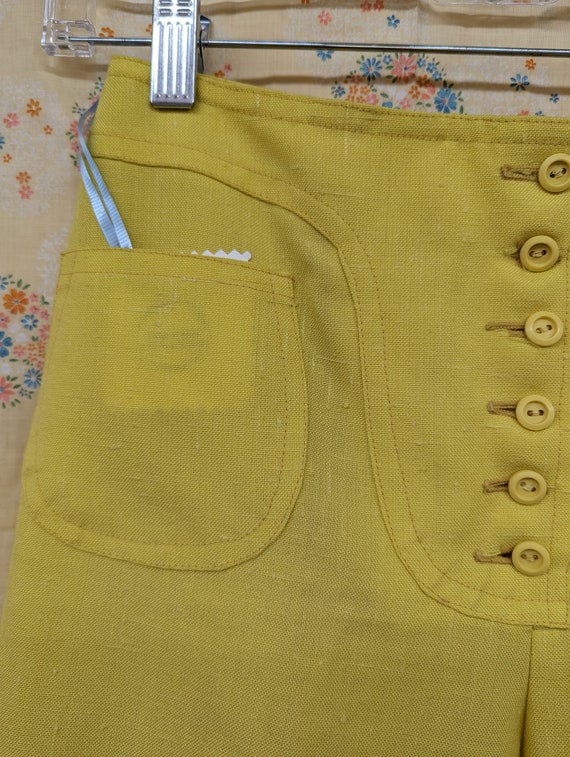 1970s Yellow Linen Bell Bottoms Button Front - Gem