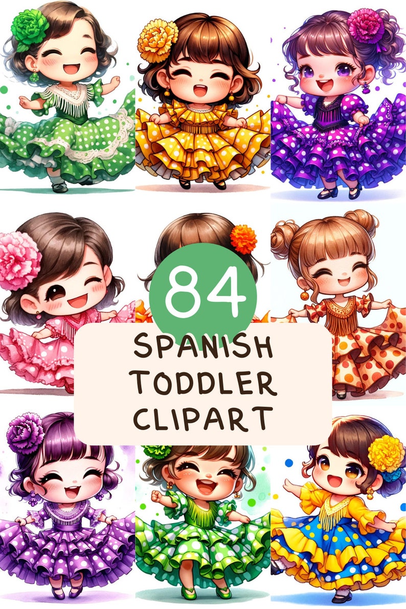 84 Spanish Toddler Flamenco Dancer Cute Chibbi Clipart Set 300 DPI ...