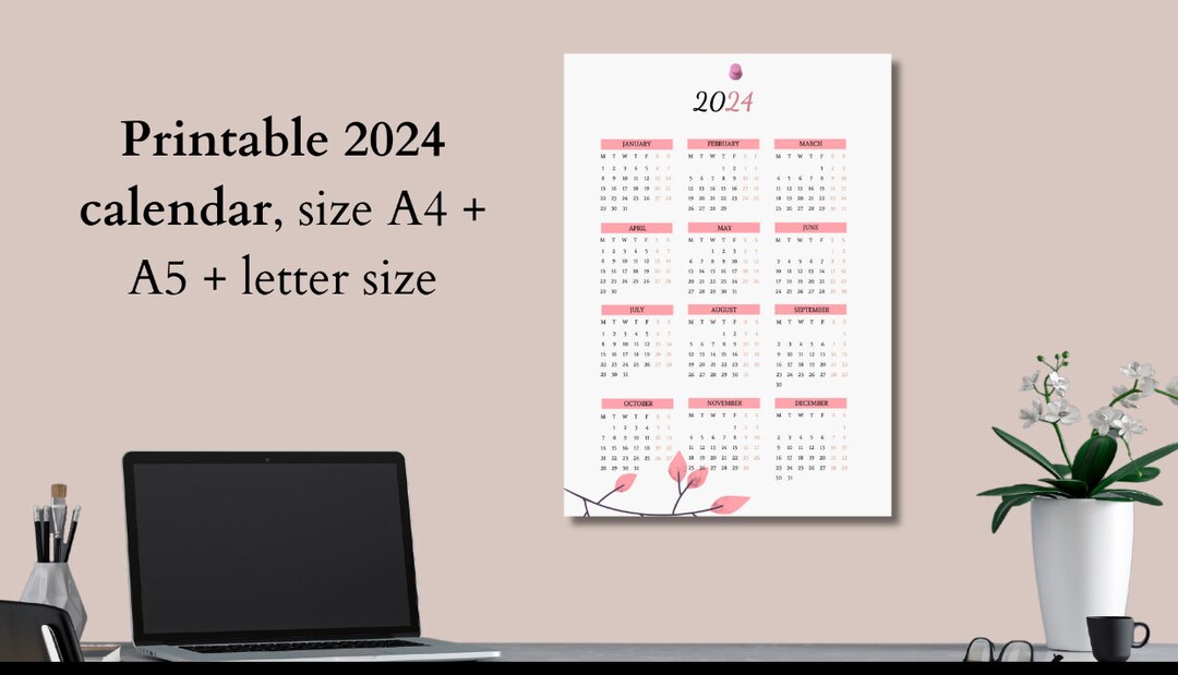 Digital Download 2024 Calendar. One Page Download and Print 2024 ...