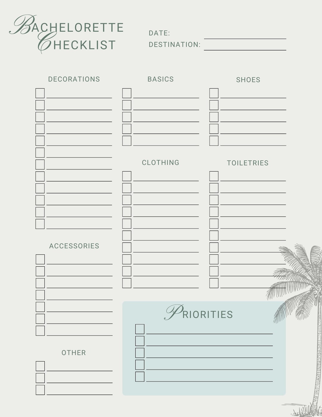 Palm Tree Bachelorette Checklist Template, Customizable Checklist - Etsy
