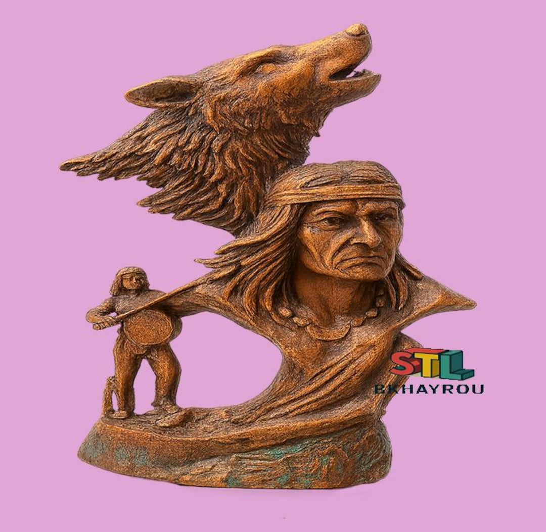 Wolf and Indian 3D Model STL File: CNC Laser Cut, Wood Carving (digital ...