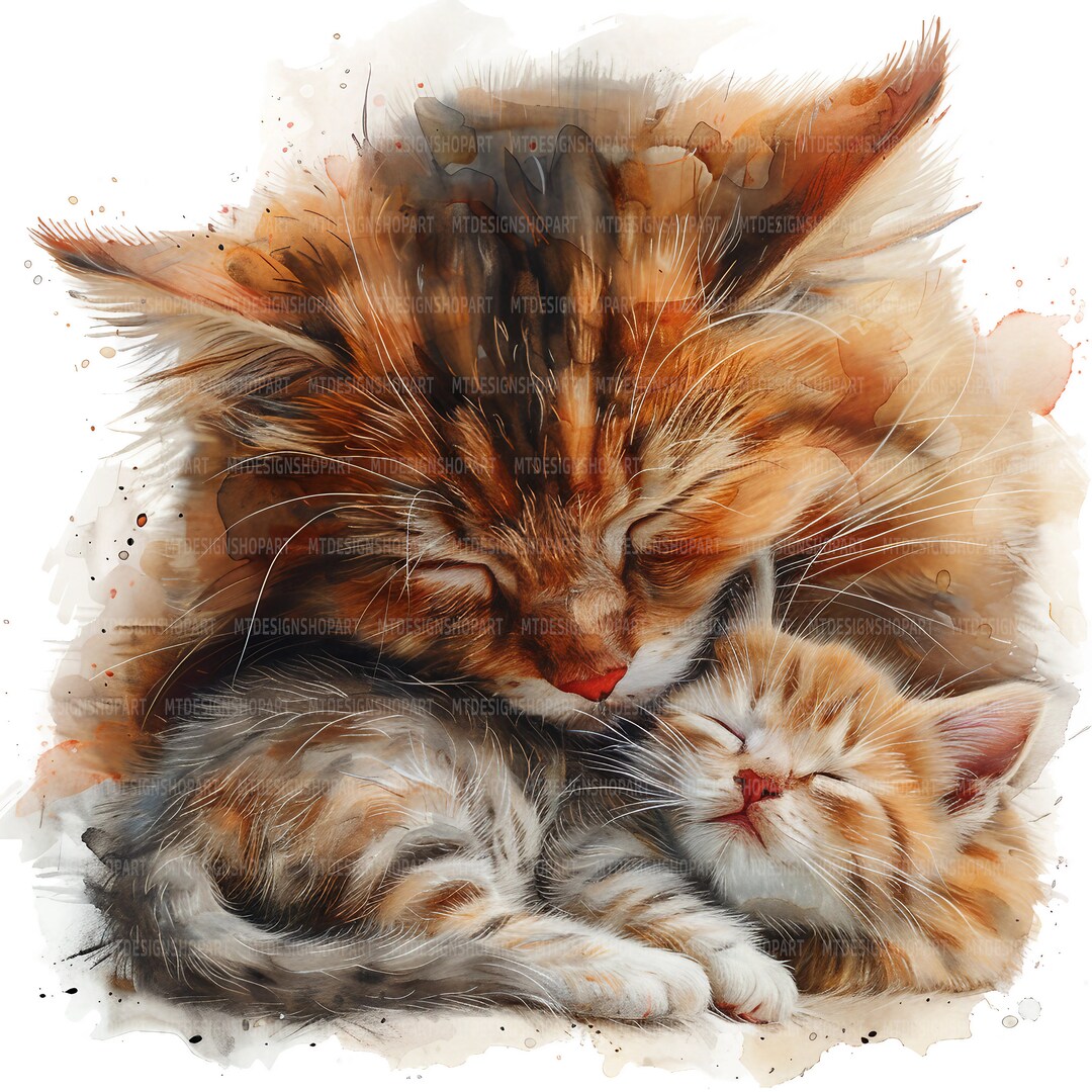 10 Cat and Kitten Clipart Set 1, Kitten Landscape, Printable Watercolor ...