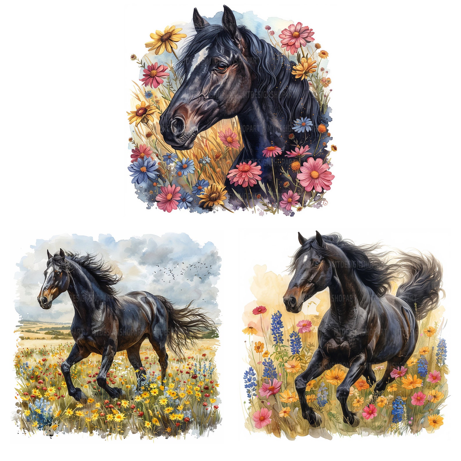 12 Black Horses Clipart, Horse Clipart, Watercolor Clipart, Paper Craft ...