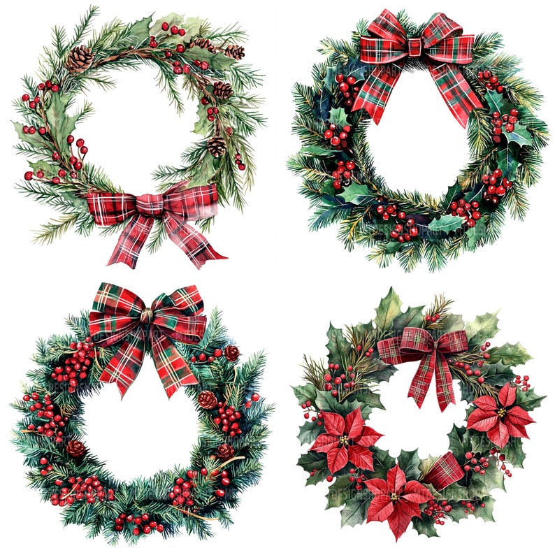 20 Watercolor Christmas Wreath Clipart, Christmas Wreath Bow, Holiday ...