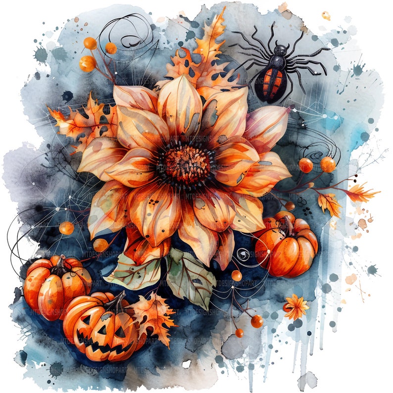 12 Halloween Flower Clipart, Flowers Clipart, Printable Watercolor ...