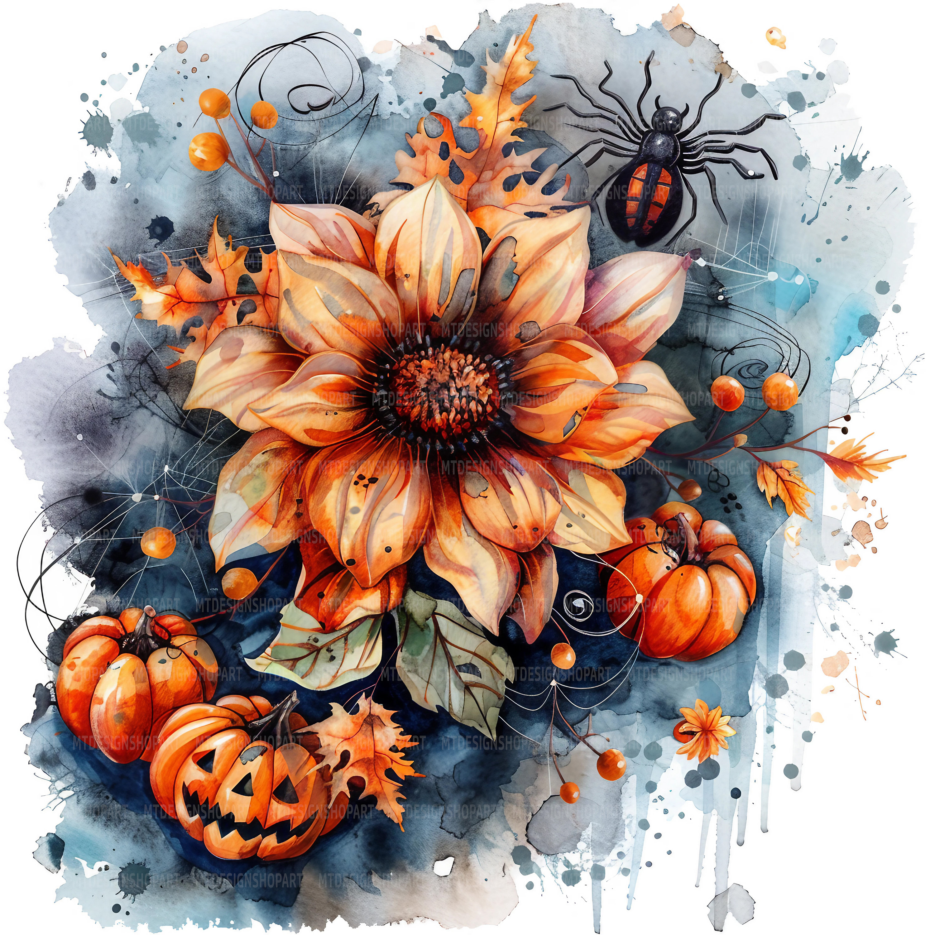 12 Halloween Flower Clipart, Flowers Clipart, Printable Watercolor ...