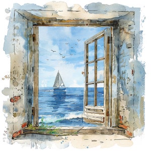 20 Window Ocean View Clipart, Window to Sea, Printable Watercolor ...