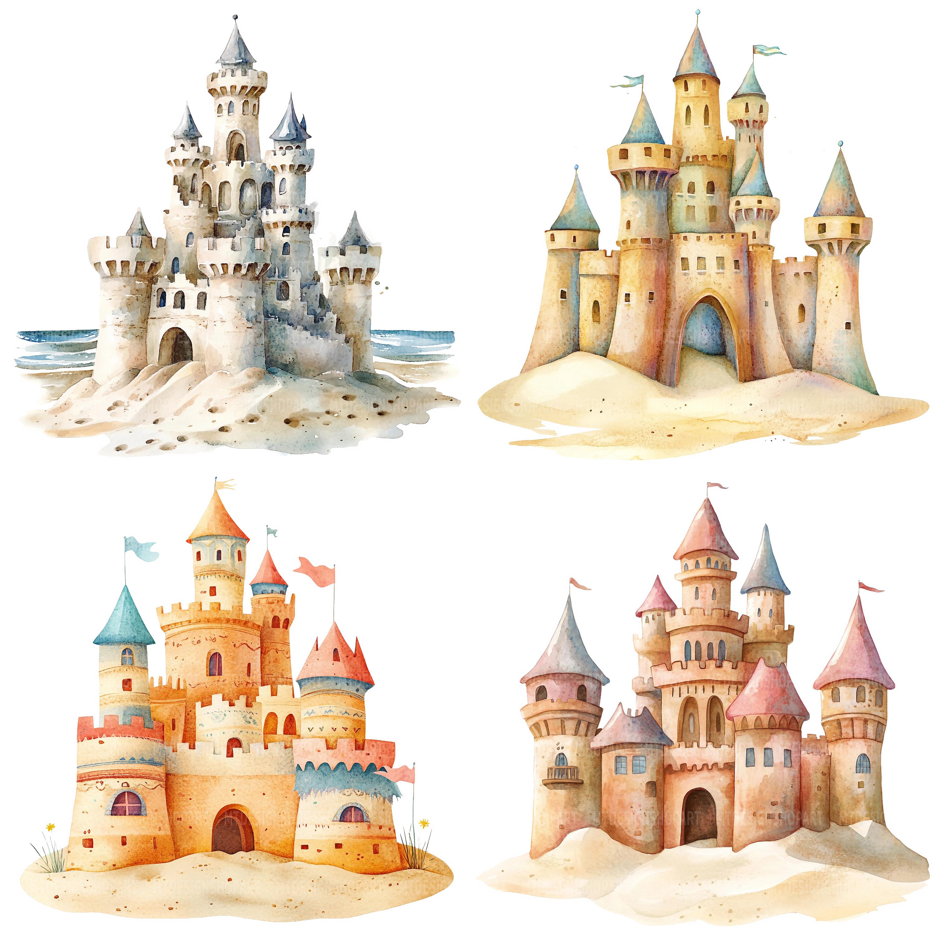19 Watercolor Sand Castle Clipart, JPG, Cartoon Castle, Paper Craft ...