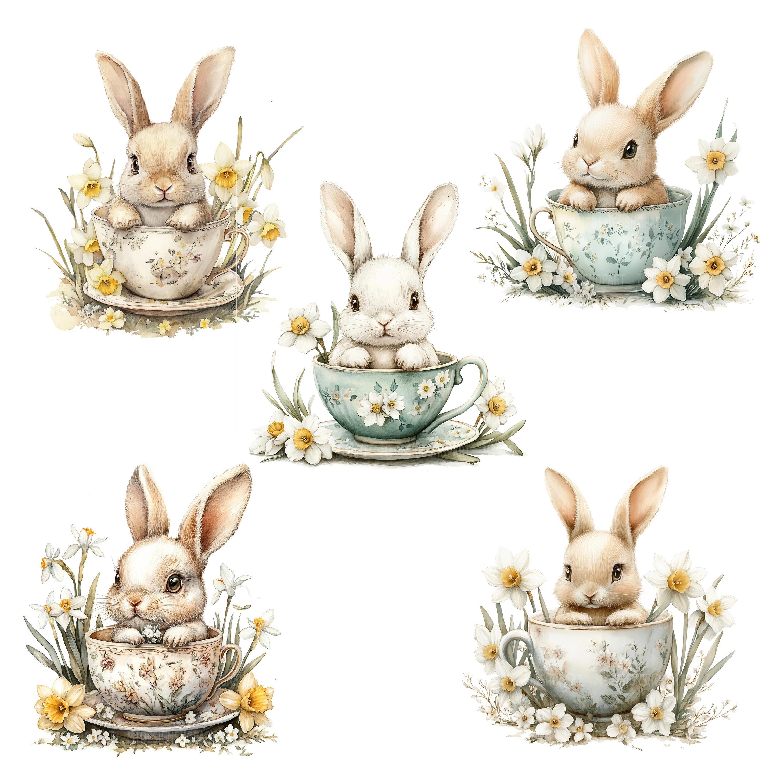 20 Bunny in Tea Cup Clipart, Spring Flowers, Printable Watercolor ...