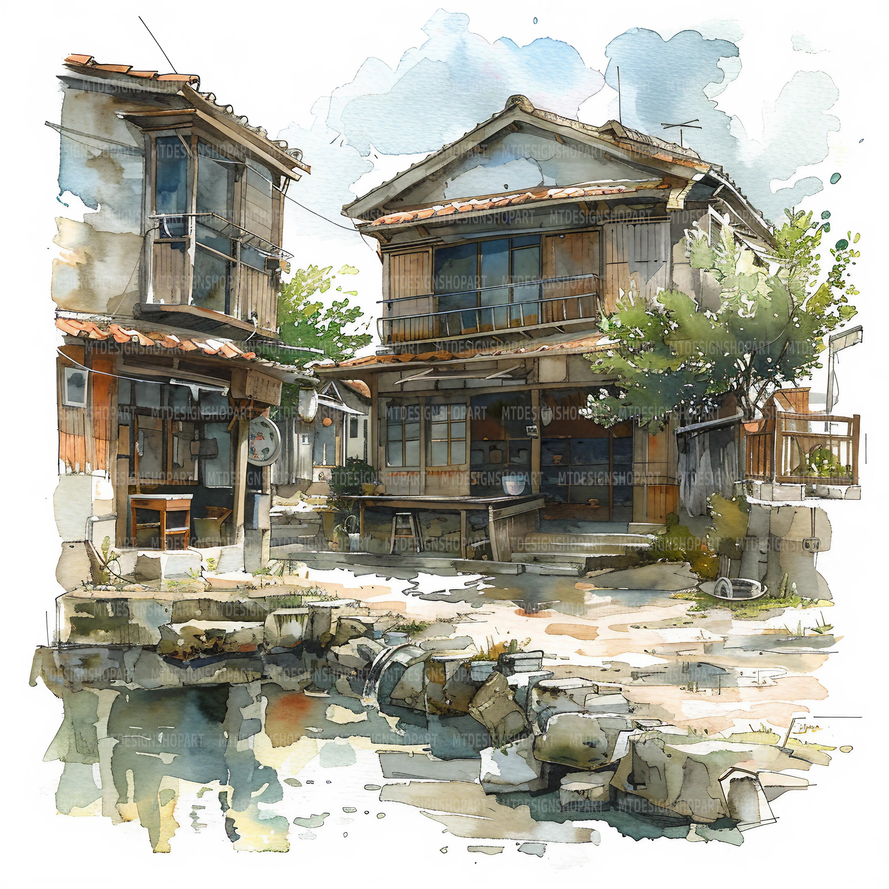 11 Old Lake Town Clipart, Old Town Bundle Clipart, Printable Watercolor ...