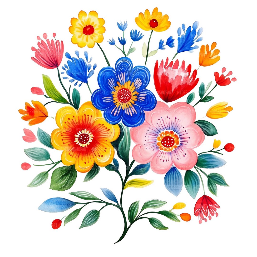 21 Folk Art Flowers Clipart, Rosemaling Floral, Printable Watercolor ...