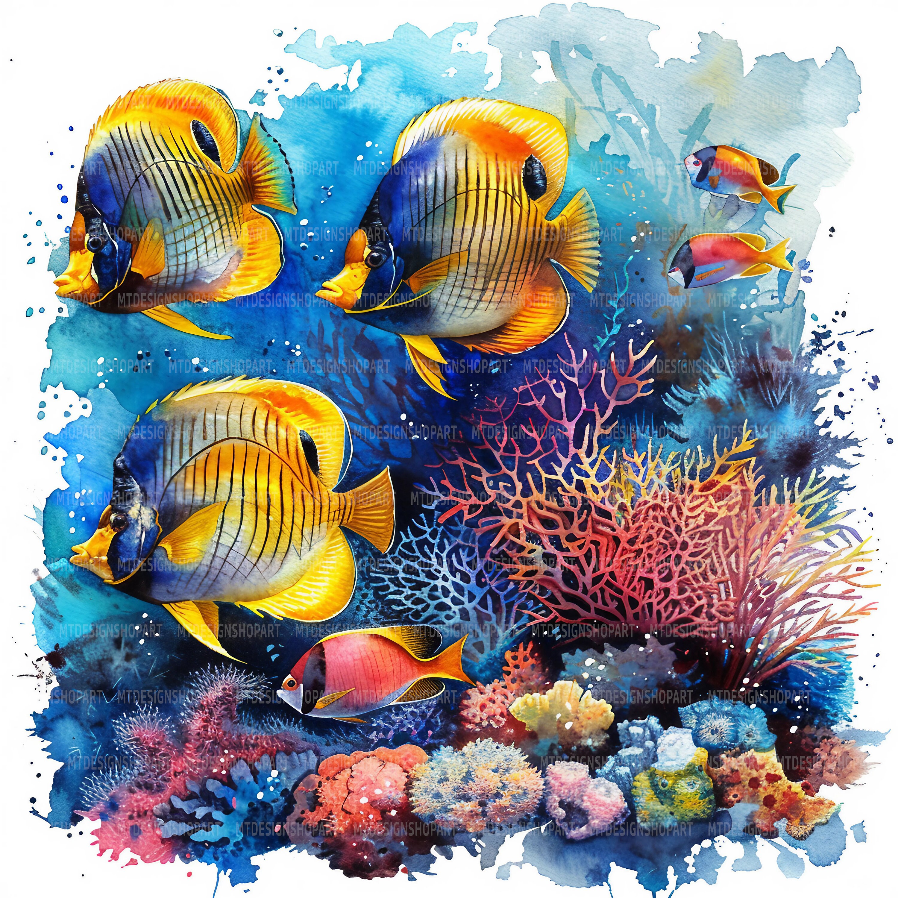 10 Coral Reef Clipart, Underwater Life Clipart, Printable Watercolor ...