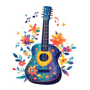 16 Colorful Guitar With Musical Notes Clipart, Printable Watercolor ...