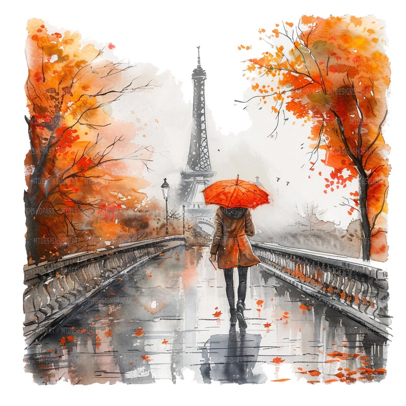 10 Woman in Paris Clipart, Autumn Clipart, Paris Bridge, Printable ...