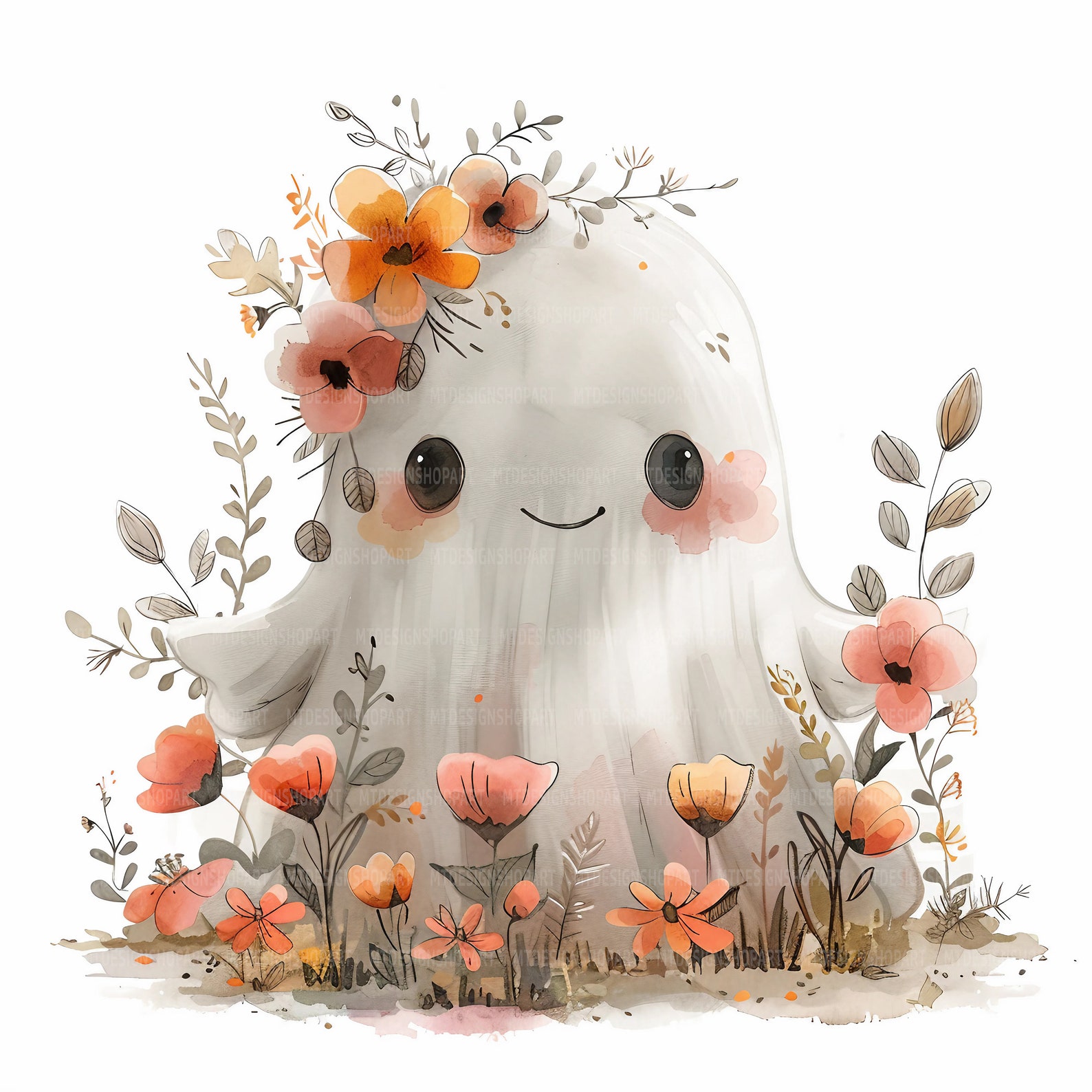 24 Floral Ghost Clipart, Halloween Ghost, Flowers Clipart, Printable ...
