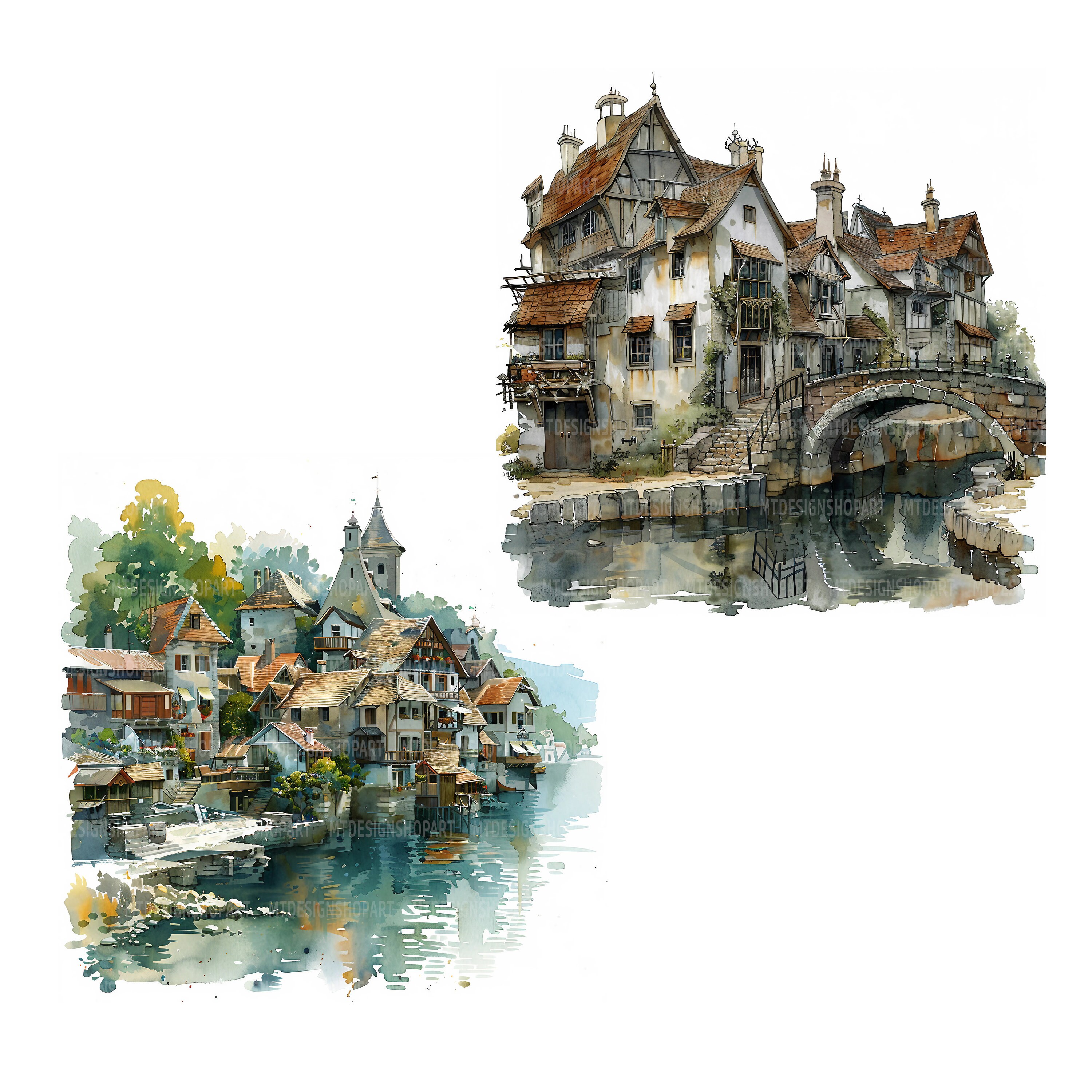 11 Old Lake Town Clipart, Old Town Bundle Clipart, Printable Watercolor ...