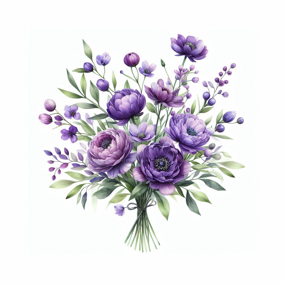 14 Purple Flowers Bouquet Clipart, Violet Floral, Printable Watercolor ...
