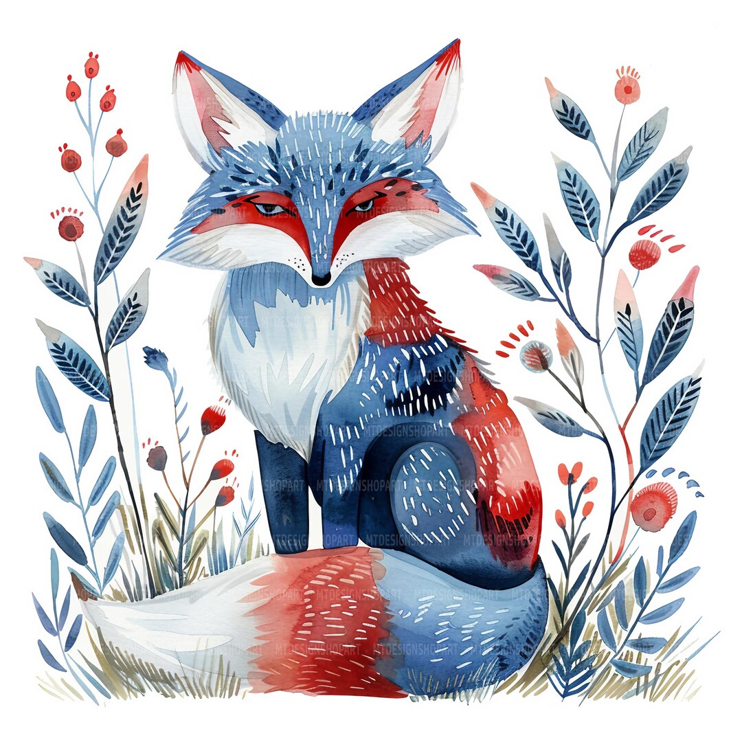 18 Folk Fox Clipart, Scandinavian Folk Fox, Printable Watercolor ...