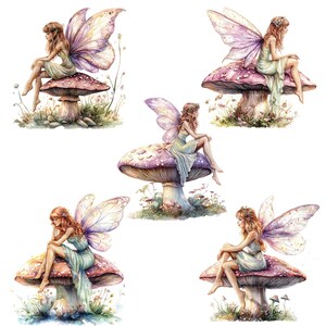 17 Fairy on Mushroom Clipart, Girl Fairy Clipart, Printable Watercolor ...