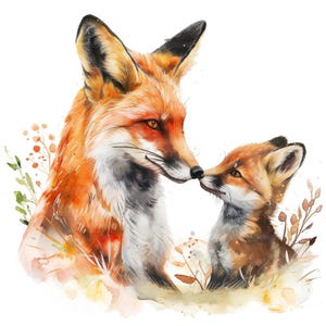 15 Fox Baby and Mother Clipart, Cute Baby Fox, Printable Watercolor ...