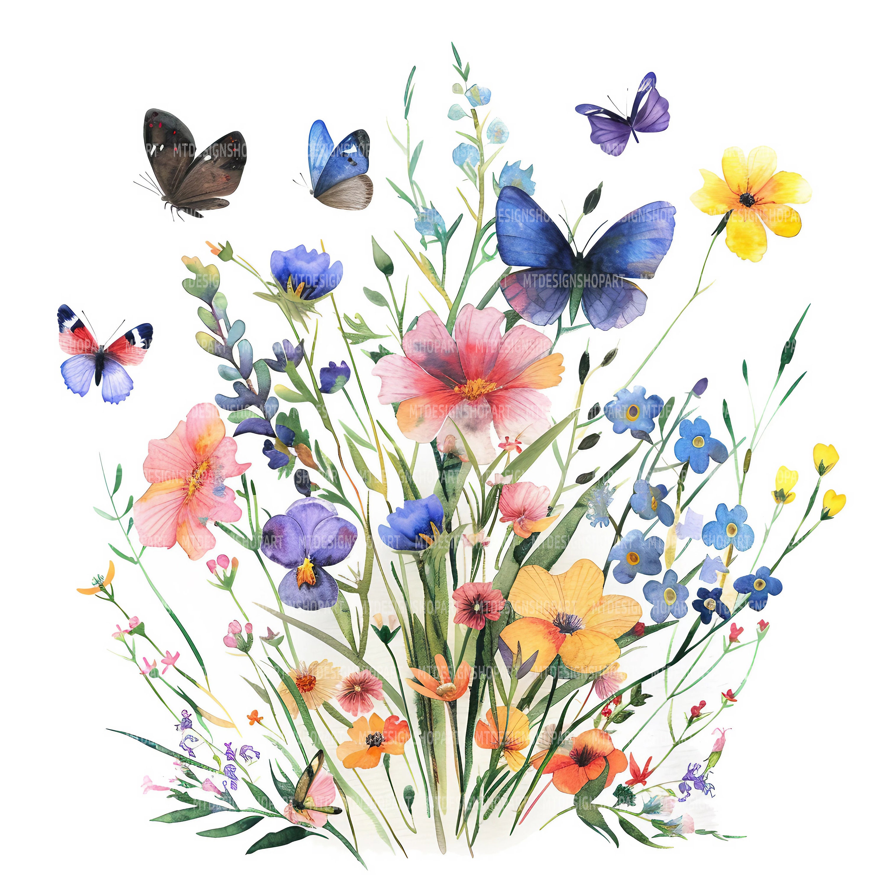 24 Butterflies and Wildflowers Clipart, Wildflowers Clipart, Printable ...