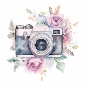16 Vintage Floral Camera Clipart, Camera Art, Printable Watercolor ...