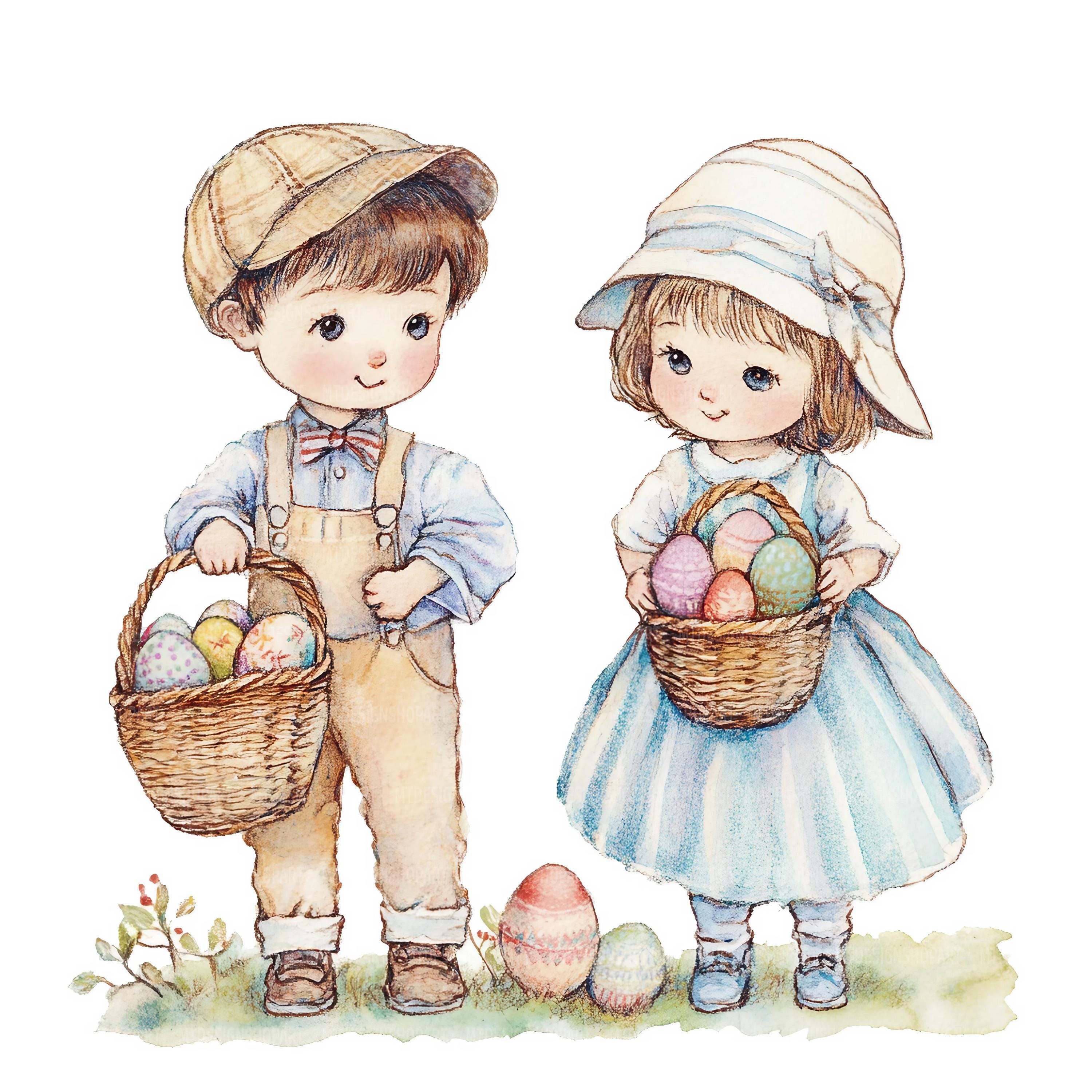 16 Cute Easter Girl and Boy Clipart, Baby Easter Kids Clipart ...