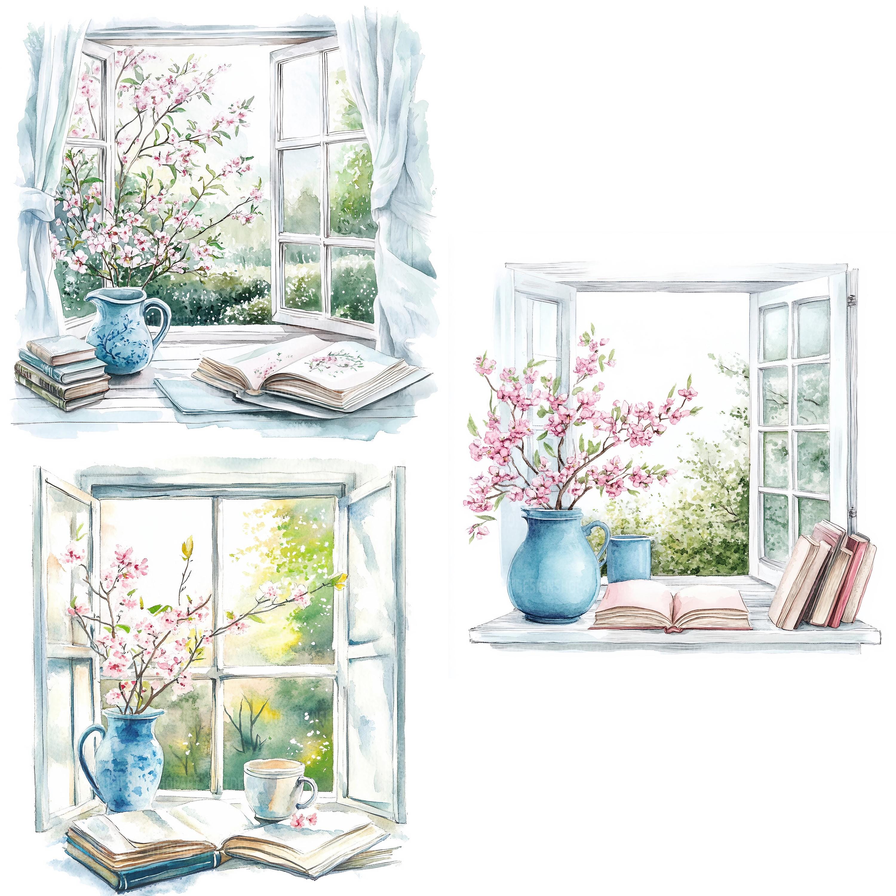 18 Window With Books Clipart, Cozy Window Scene, Printable Watercolor ...
