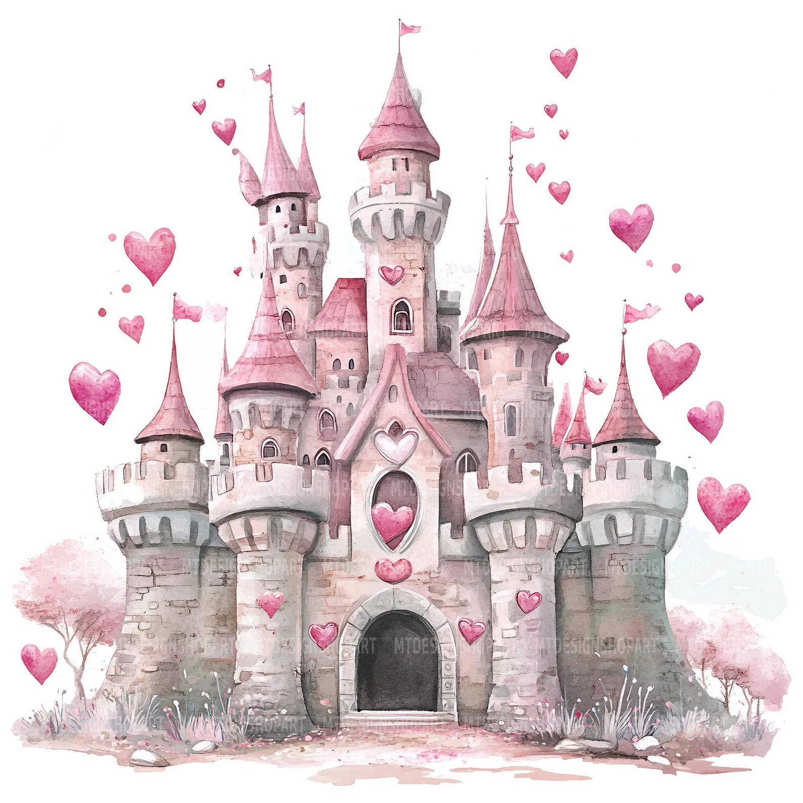 16 Watercolor Princess Heart Castle Clipart, JPG, Junk Journal Art ...