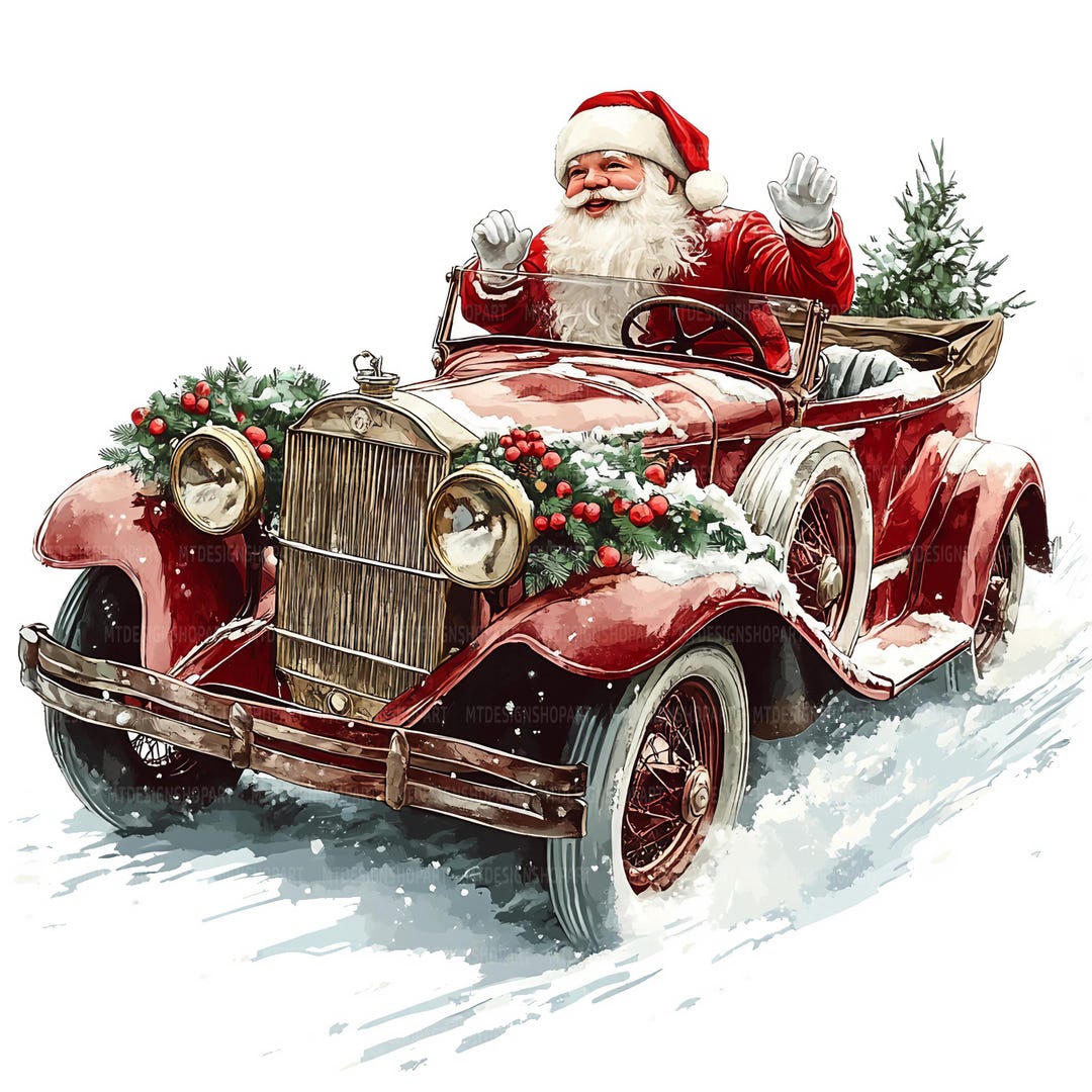 16 Festive Santa Car Clipart, Christmas Santa Claus Clipart, Printable ...