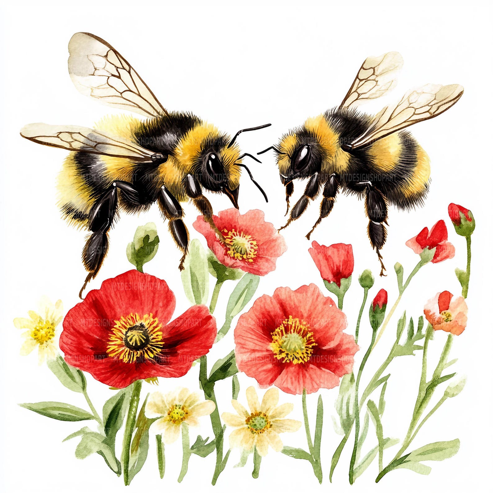 Watercolor Bees and Flowers Clipart: Floral Art, Paper Crafts (digital ...