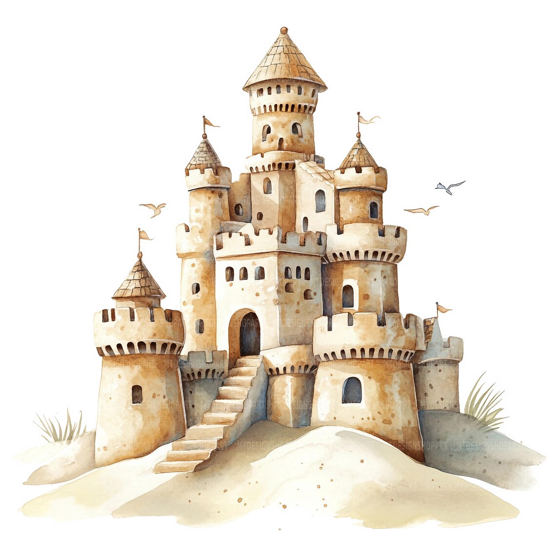 19 Watercolor Sand Castle Clipart, JPG, Cartoon Castle, Paper Craft ...
