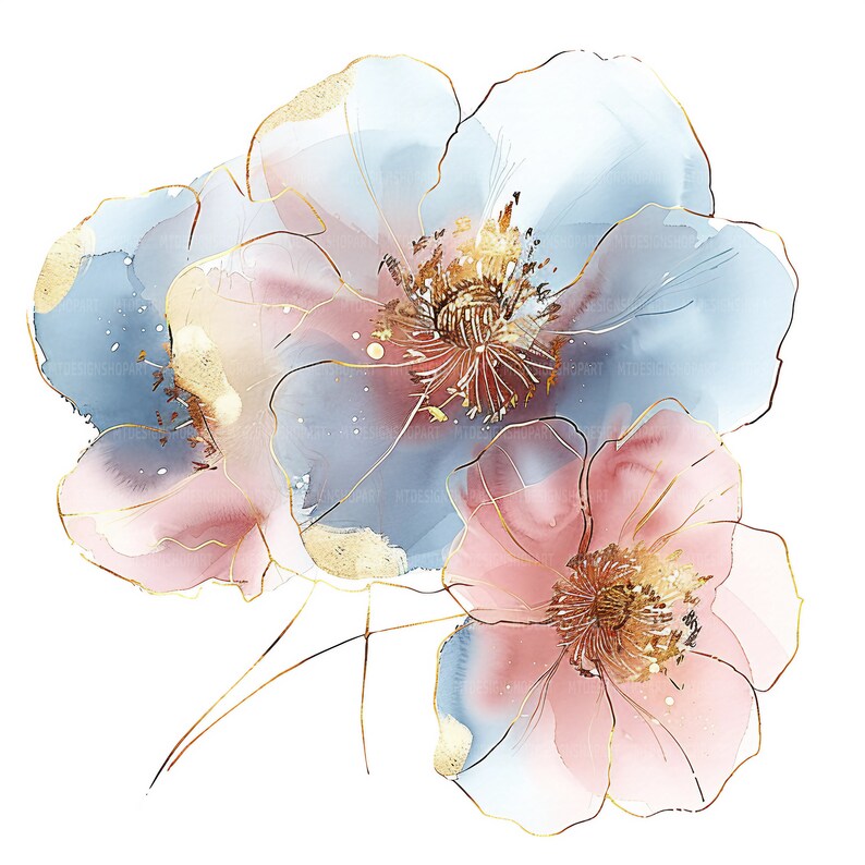 13 Pink Gold Flower Clipart, Flower Clipart, Printable Watercolor ...