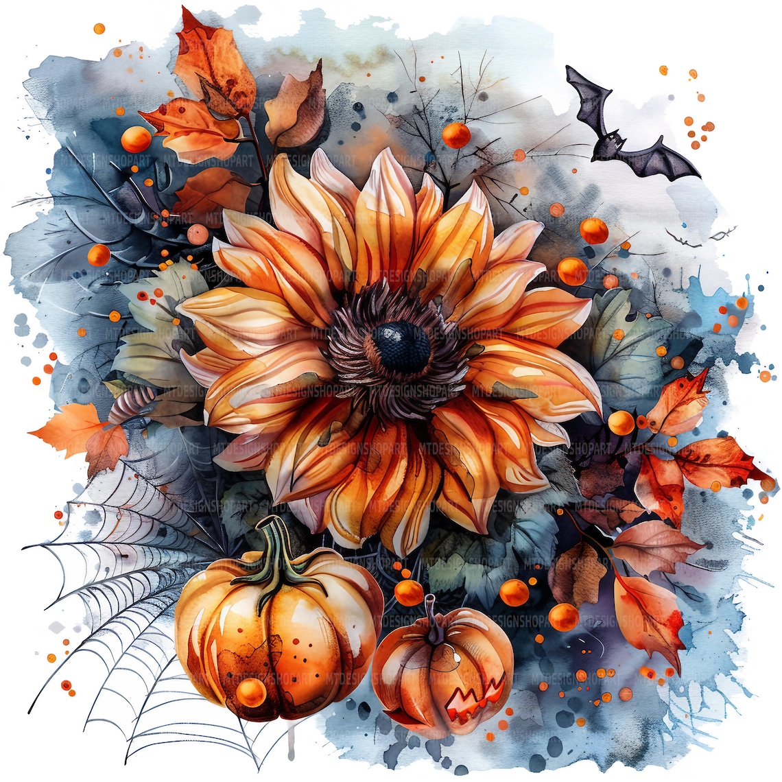 12 Halloween Flower Clipart, Flowers Clipart, Printable Watercolor ...