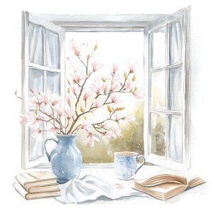 18 Window With Books Clipart, Cozy Window Scene, Printable Watercolor ...